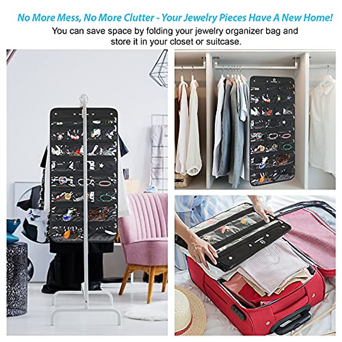 Freegrace Hanging Jewelry Organizer Revolving Hanger - Secure Zipper Closure - 50 Pockets - Foldable Storage & Display Solution - For All Jewelry & Bijoux (Black)