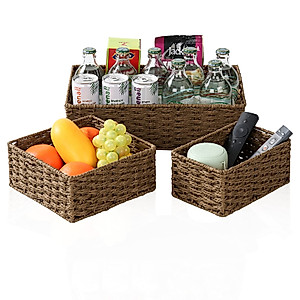 FairyHaus Handmade Wicker Storage Basket 3Pack, Recyclable & Renewable Paper Rope Small Wicker Baskets for Storage, Brown Woven Baskets Set for Organizing Rectangle