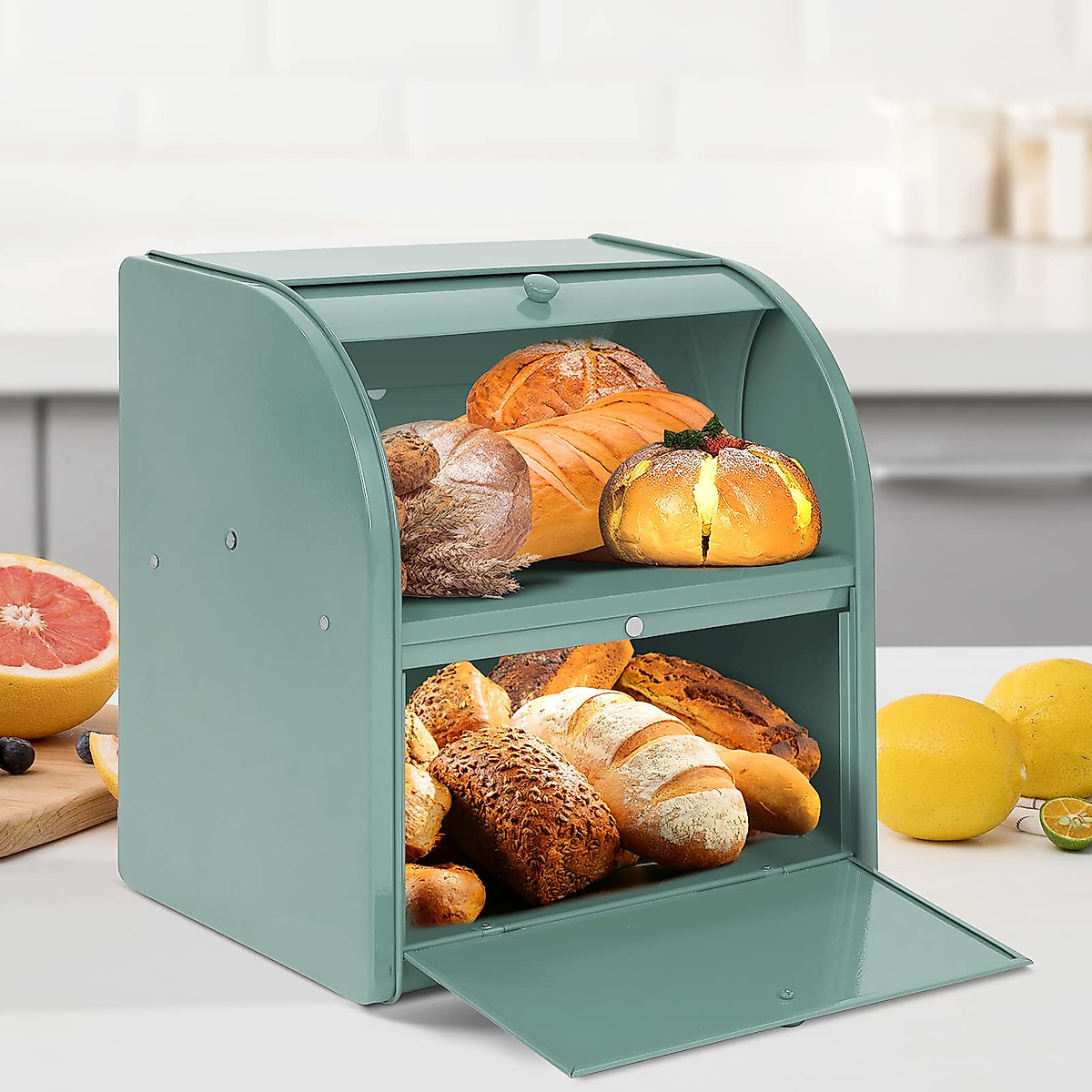 Olebes Bread Box, Metal Bread Box For Kitchen Countertop, Bread Storage Container Holds 2 Loaves Of Bread, High Capacity Breadbox, Bread Holder Suit Farmhouse Kitchen Decor For Counter (Black)