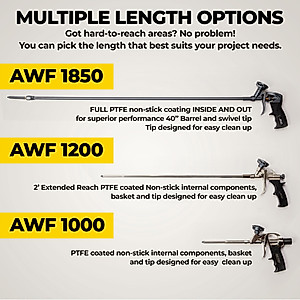 AWF PRO Foam Gun - AWF 1850, PTFE Non Stick Coated 40in Gun. Ideal for Contractors & DIY. High Precision, Greater Yield Foam Spray Insulation Gun, One Hand Adjustment, Long Nozzle. Swivel Tip
