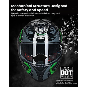 ILM Motorcycle Helmet Full Face with Pinlock Compatible Clear&Tinted Visors and Fins Street Bike Motocross Casco DOT Model Z501(Legend Green, X-Large)