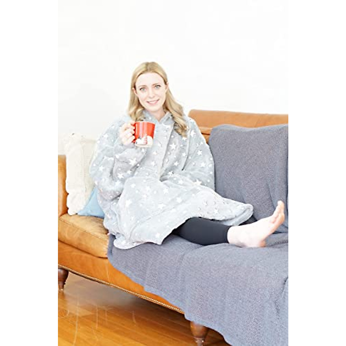 U&O Oversized Glow in Dark Wearable Sherpa Blanket Sweatshirt with Hood & Pocket and Sleeves Luminous Hoodie Blanket (Grey)