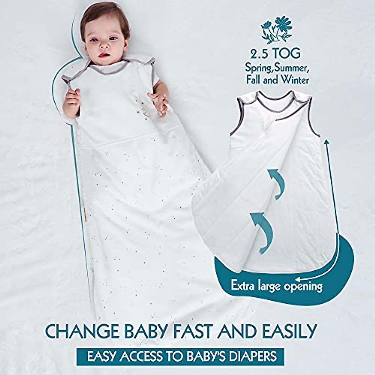 Baby Sleeping Bag for Winter, 100% Natural Cotton Wearable Blanket, 2.5 Tog Swaddle Transition for Infants and Toddlers