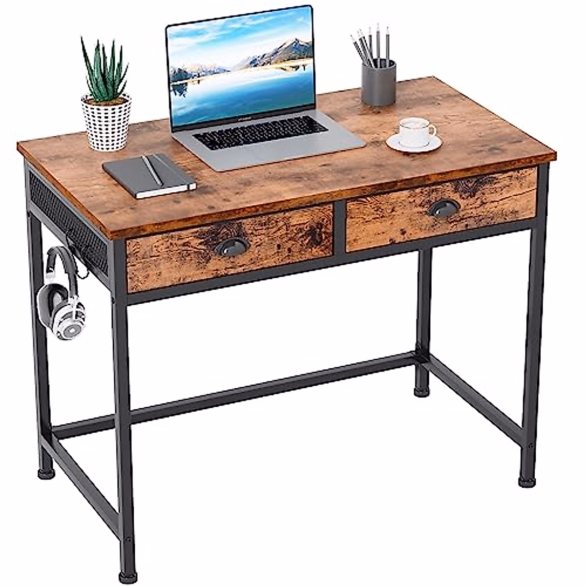 Furologee Computer Desk with 2 Fabric Drawers, Small Home Office Writing Desk, Vanity Desk with Hooks, Simple Study Desk for Small Spaces, Makeup Dressing Table, Rustic Brown