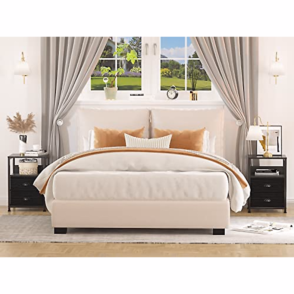 Furologee Nightstand with 2 Fabric Drawers, End Table with Storage Shelf, Industrial Bedside Table, Small Dresser Organizer Furniture Metal Frame for Living Room/Bedroom/Dorm/Hallway, Black Oak