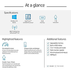 HP Pavilion Desktop Computer, Intel Core i3-8100, 8GB RAM, 1TB hard drive, Windows 10 (590-p0030, Silver) (Renewed)