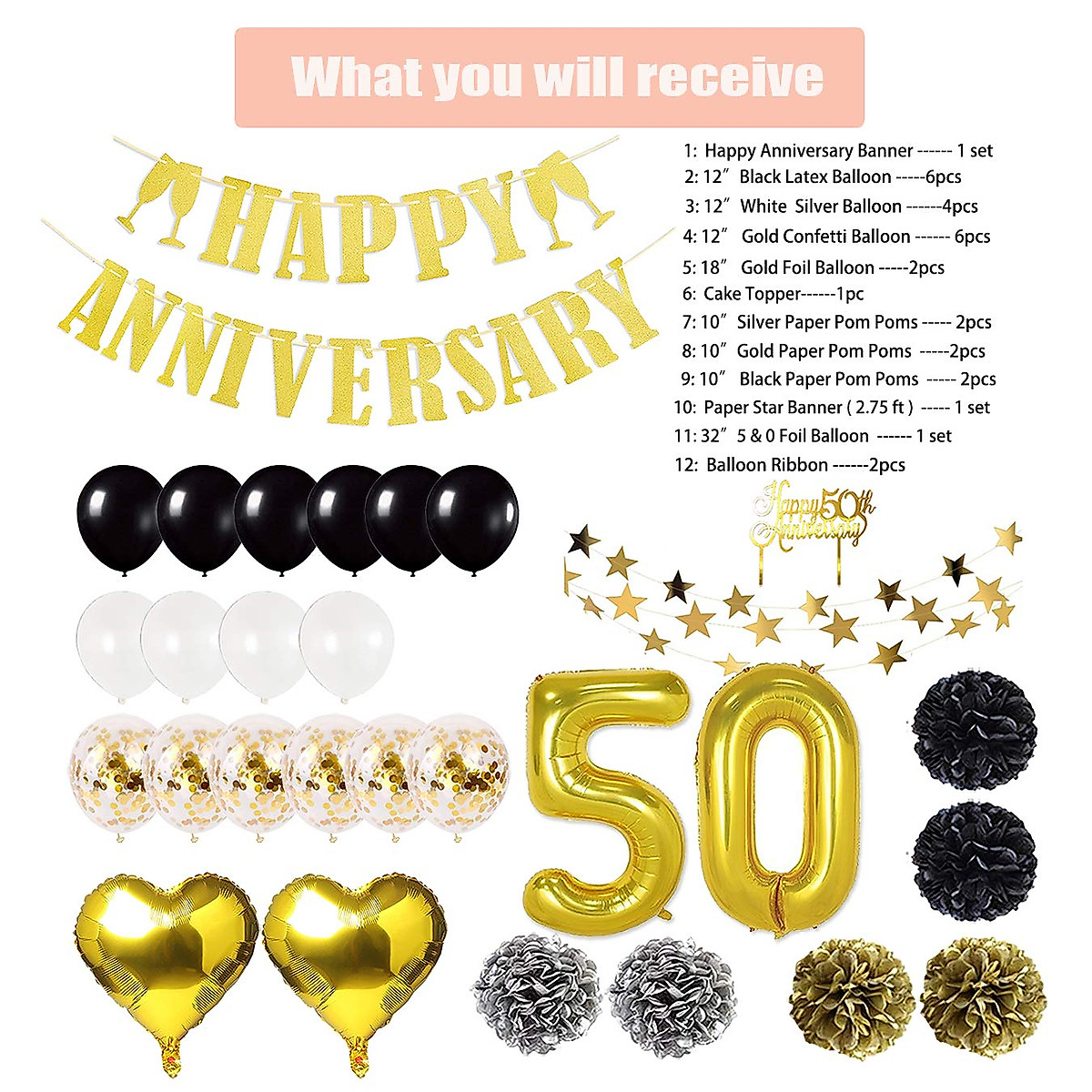 50th Anniversary Decorations, Happy 50th Wedding Anniversary Decorations with Banner, Cake Topper, Huge Number Letter, Star Hanging, Paper pom poms, Balloons for Happy 50th Anniversary Decorations
