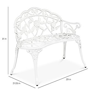 Best Choice Products Outdoor Bench Steel Garden Patio Porch Loveseat Furniture for Lawn, Park, Deck Seating w/Floral Rose Accent, Antique Finish - White