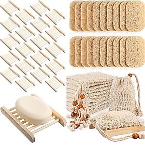 60 Pcs Soap Accessories Set Including 20 Pcs Wood Soap Holder Soap Dishes for Bar Soap Tray, 20 Pcs Soap Saver Bag Exfoliating Soap Pouch, 20 Pcs Self Draining Soap Saver Pads for Bathroom Men Bath