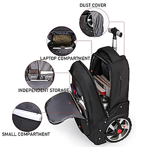 WMHYLYH Waterproof Rolling Backpack, Backpack with Wheels for Business, College Student and Travel Commuter, Carry on Backpack with Laptop Compartment for Women and Men (Black, 20inch)