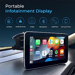 AutoSky 7" Portable Infotainment Display - Wired and Wireless CarPlay Screen, Touch Screen Car Play and Android Auto, Car Stereo, Bluetooth, Navigation Screen, FM Transmitter, Dashboard Mounted