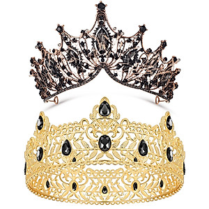 Ferraycle 2 Pcs Crowns for Men Women King Royal Crown with Black Rhinestone Crystal Queen Royal Round Crown Halloween Medieval Princess Costume for Wedding Homecoming Prom Party Decorations