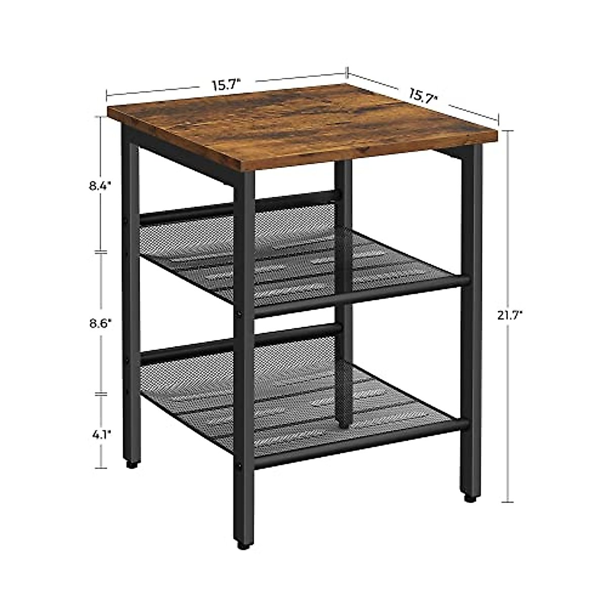 VASAGLE End Table, Nightstand with 2 Adjustable Mesh Shelves, Industrial Side Table for Living Room, Stable Metal Frame, Easy Assembly, Rustic Brown and Black ULET23X