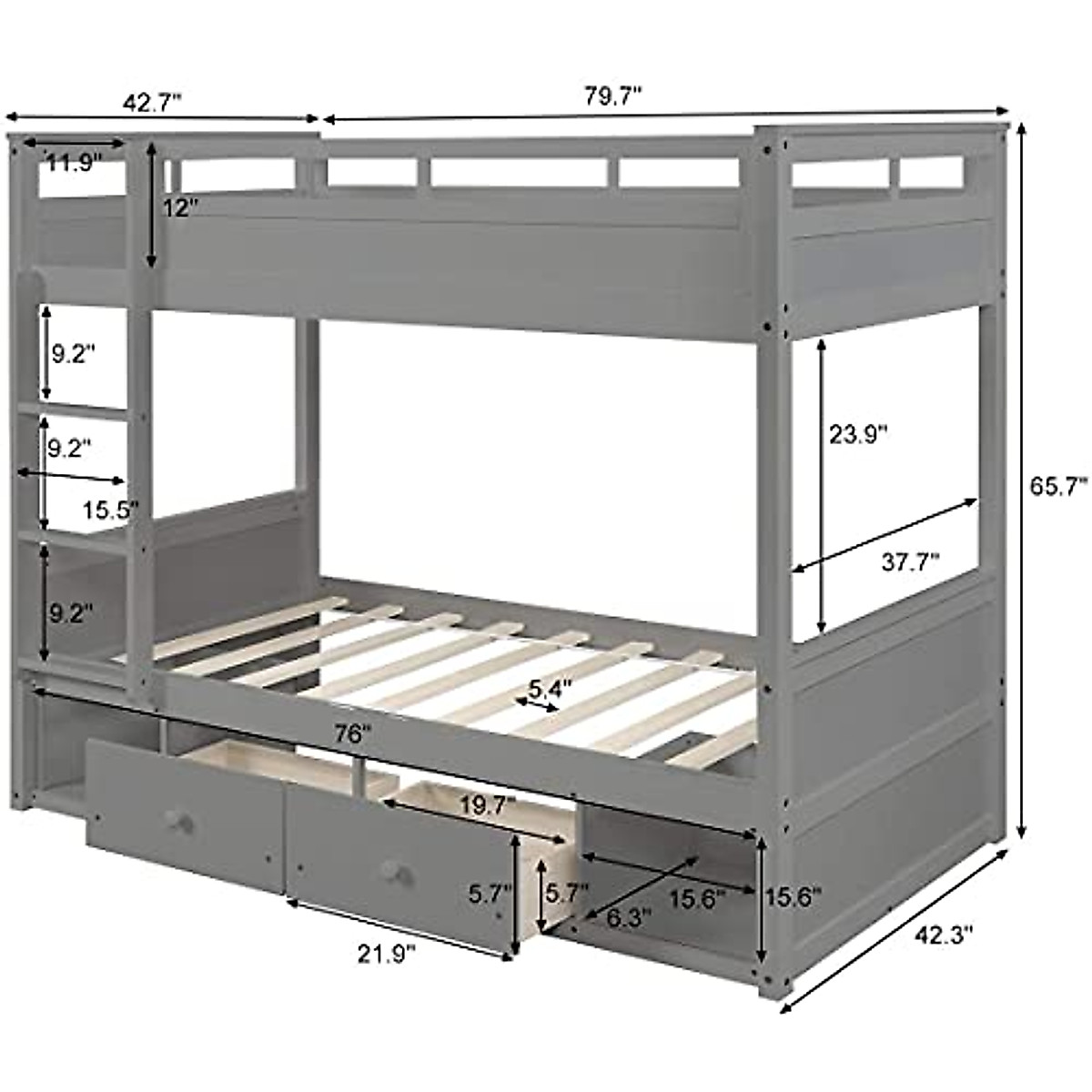ATH-S Twin Over Twin Bunk Bed, Bunk Bed Frame with Storage Drawers, Wooden Twin bunk Bed with Safety Rail Ladder, Grey (Color : Grey with Trundle, Size : Full Over Full)