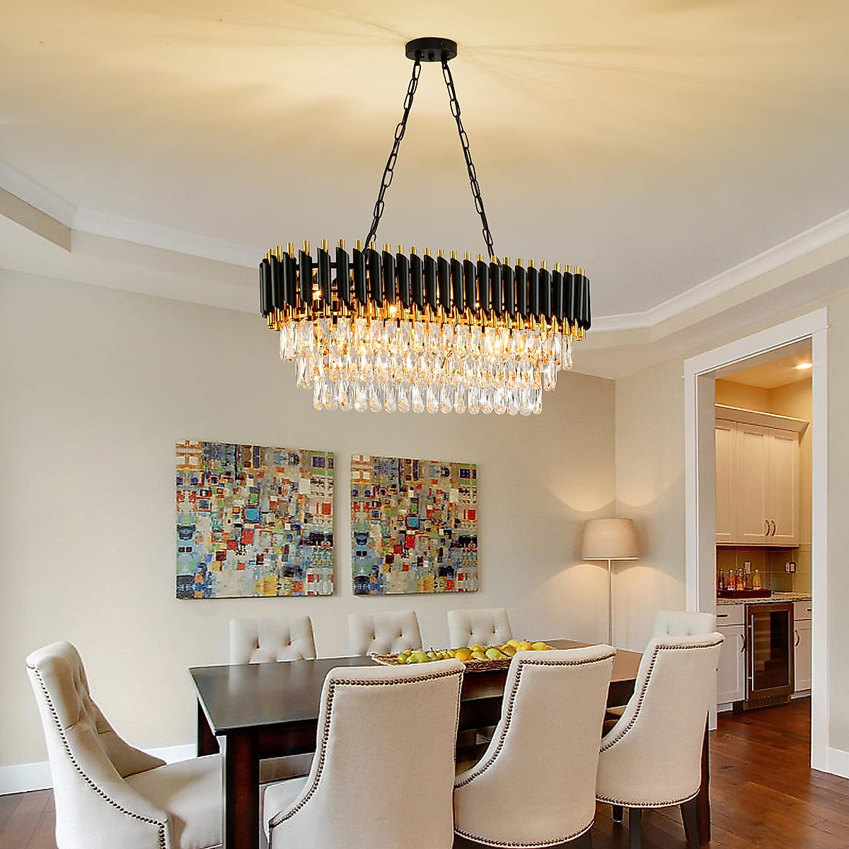 AKDXIRUN Modern Crystal Chandeliers for Dining Room 8-Light Black and Gold Chandelier Living Room Oval Contemporary Ceiling Hanging Light Pendant Light Fixture for Kitchen Island Bar L32 inch