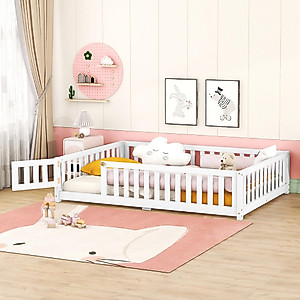 Full Size Floor Bed for Kids, Wood Montessori Bed with Slats, Safety Fence & Door, Playhouse Floor Bed Frame with Rails for Girls Boys Children Teens, White