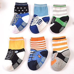 Fly love 6 Pairs Baby Socks Non-Slip Anti Slip Toddler Socks Grips for Baby Boys Girls Ankle Crew Cotton Socks With Gift Box (Style A)