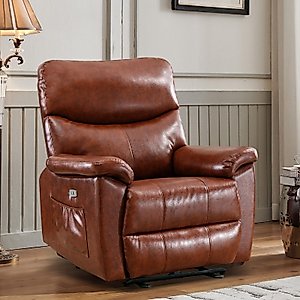 RIHEREFY Electric Recliner,PU Leather Recliner Chair with Extended Footrest,Recliner Chairs for Adults,Extra Wide Reclining Massage Chair with 2 Side Pockets & USB Ports