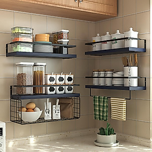 LUDORU Wood Floating Shelves Wall Mounted - 4+1 Tier Rustic Bathroom Wall Shelves Over Toilet with Wire Storage Basket and Towel Bar, set of 4 Farmhouse Floating Shelf for Bathroom, Kitchen,Navy Blue.