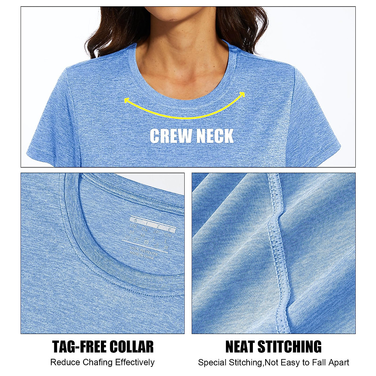 MAGCOMSEN Athletic T-Shirts for Women Short Sleeve Casual Shirts Moisture Wicking Performace Tees Fitness Running Shirts Light Blue Large