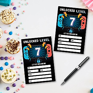 QUPT 20 Video Game Birthday Party Invitations with Envelopes, 7th Birthday Party Invitations cards - Fill in The Blank Birthday Party Invites