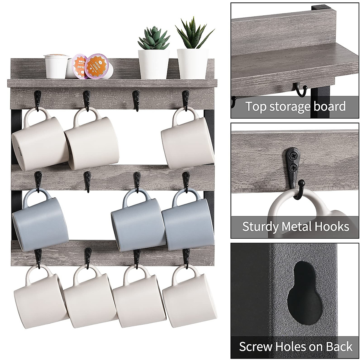 Honiter Coffee Mug Rack Wall Mounted, Rustic Wood Coffee Cup Holder Organizer with 12 Hooks and Storage Shelf , Wall Mug Rack for Display, Collection, Home Kitchen (Gray)
