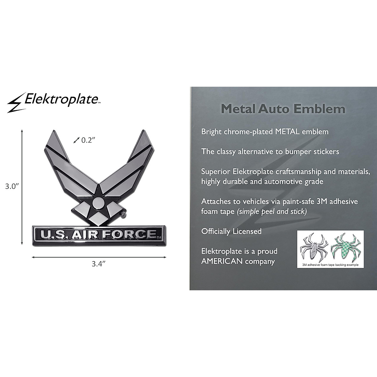 Elektroplate Officially Licensed U.S. Air Force Wings Chrome Auto All Metal Emblem for Cars, Trucks, and All Auto | Universal Fit at 3" x 3.4" | Weatherproof