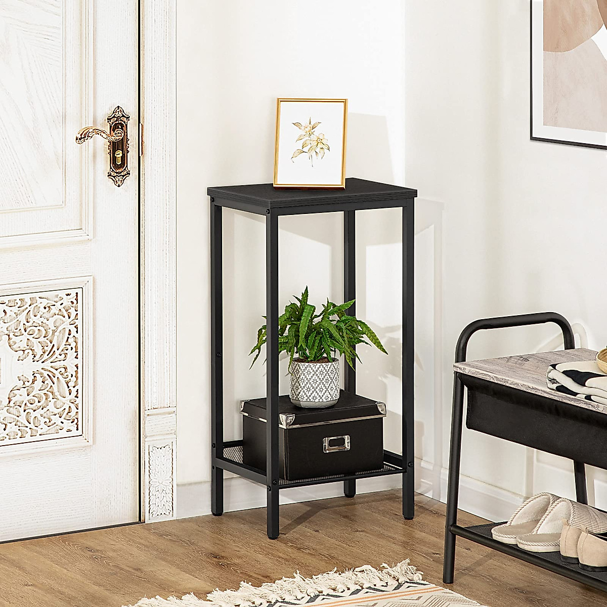 HOOBRO Tall Side Table, Industrial End Telephone Table with Adjustable Mesh Shelves, Small Entryway Table, 28.9" H Small Table for Hallway, Living Room, Office, Black BB03DH01