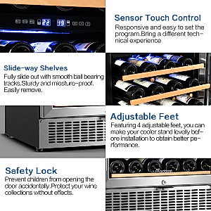 AAOBOSI 24 Inch Dual Zone Wine Cooler 46 Bottle with Upgraded Compressor Advanced Cooling System Quiet Operate, Freestanding and Built-in Wine Refrigerator