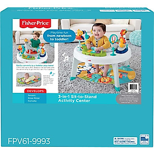 Fisher-Price Baby to Toddler Toy 3-in-1 Sit-to-Stand Activity Center with Playmat plus Music Lights and Spiral Ramp