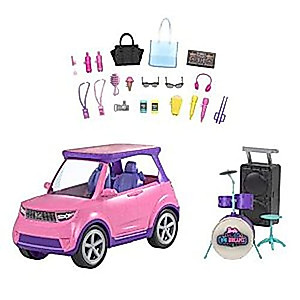 Barbie: Big City, Big Dreams Transforming Vehicle Playset, Pink 2-Seater SUV Reveals Stage, Drum Set & Concert-Themed Accessories, Gift for 3 to 7 Year Olds
