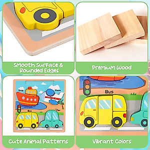 Wooden Puzzles for Toddlers 1-3, Educational Preschool Puzzle Toy, Each Set of Jigsaw Puzzles Contains 4 Patterns, Backside Can be Used as a Drawing Board