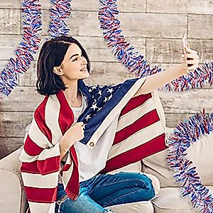 KIMOBER 32.8 Ft 4th of July Tinsel Garland, Red White Blue Metallic Garland for Independence Day Memorial Day Decoration