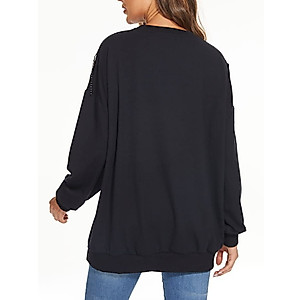 PESION Women's Novelty Oversized Sweatshirt Crewneck Long Sleeve Fringe Trim Shirt Pullover Tops Sweaters, Black, Small