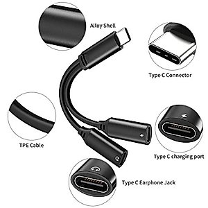 USB C Splitter, USB C Headphone and Charger Adapter, 2-in-1 Type C Splitter Audio Dongle Cable Fast Charging Adapter Compatible with Google Pixel 4/3/2 XL/Samsung Galaxy S21 S20 + Note 20 10 / Huawei