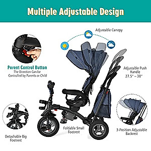 BABY JOY Toddler Tricycle, 7 in 1 Folding Steer Trike w/Rotatable Seat, Adjustable Canopy, Push Handle, Guardrail, Safety Harness, Brakes, Cup Holder & Storage, Tricycle for Toddlers Ages 1.5-5 (Blue)
