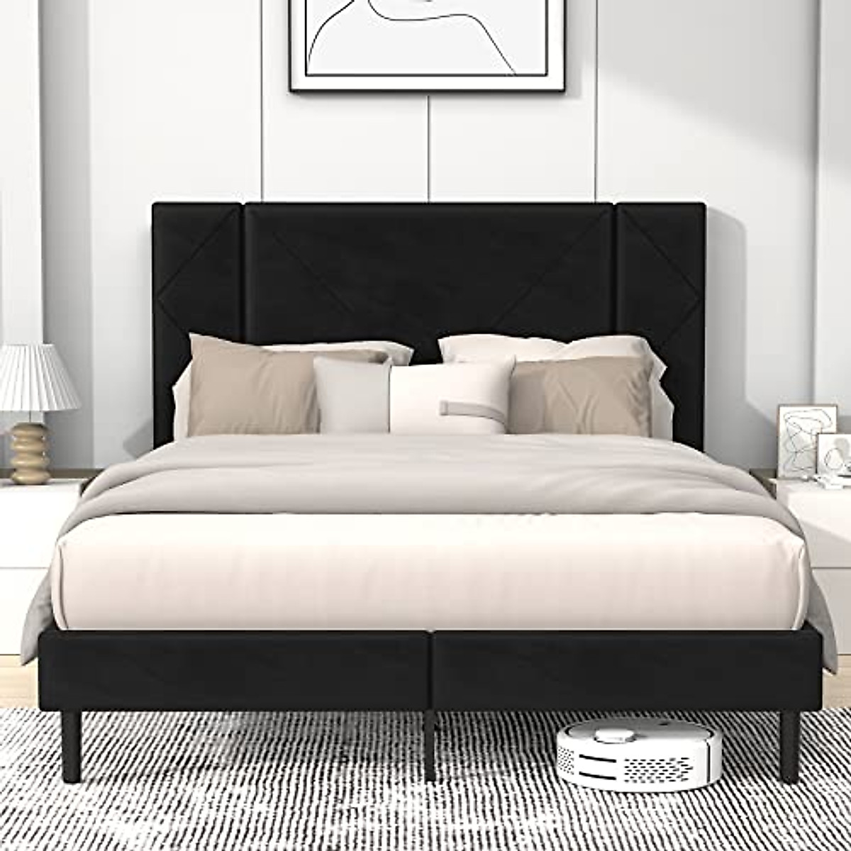 Flolinda Queen Bed Frame, Upholstered Bed Frame Queen Size with Tufted Velvet Headboard, Mattress Foundation, Strong Wood Slat Support Double Bed Frame, No Box Spring Needed, Easy Assembly,Black