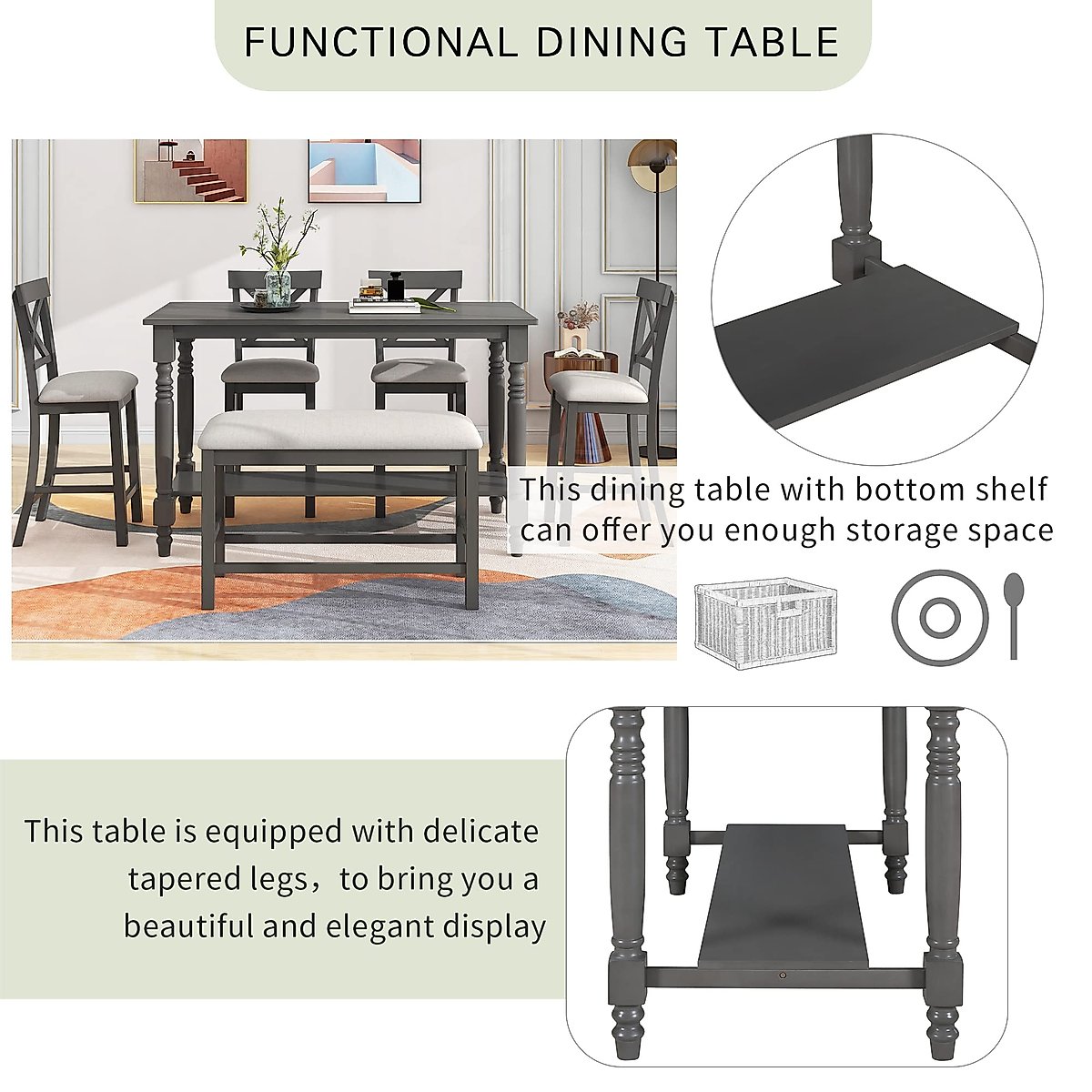 LUMISOL Wood Kitchen Dining Table Set of 6 with Bench and Chairs Farmhouse Rustic Dining Room Table Set, Recantgle Table with Shelf and Upholstered Seating, Gray