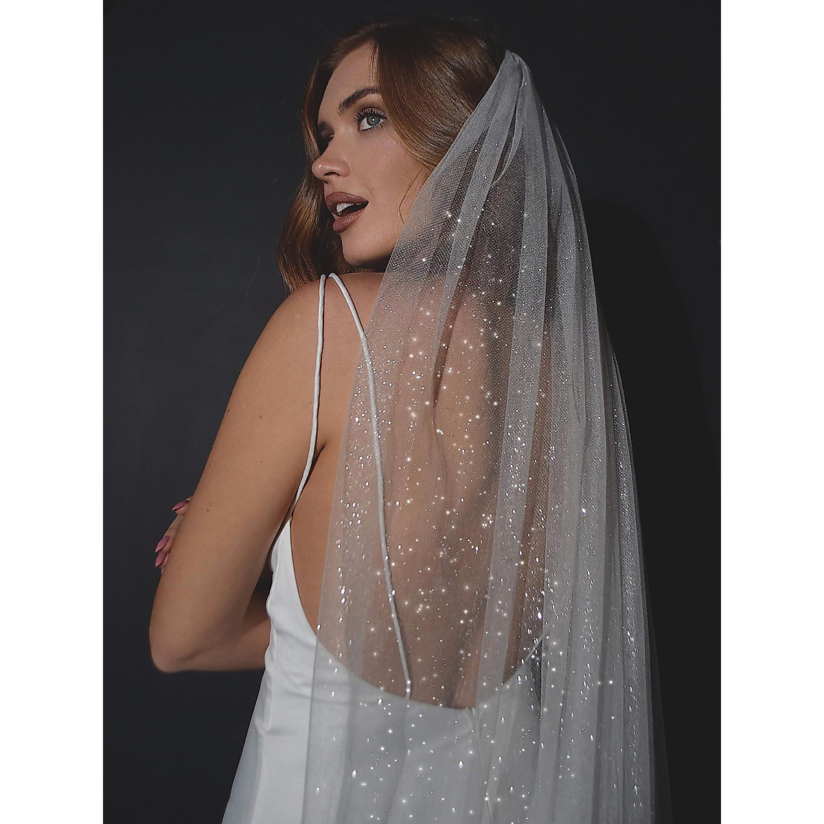 YAEISM Bride Wedding Veil White Glitter Cathedral Veil Sparkly Bachelorette Veil Fingertip Bridal Long Star Light Tulle Veils with Metal Comb for Brides and Women