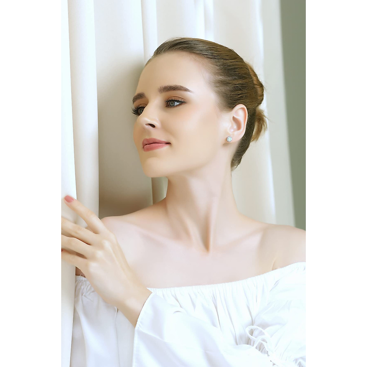 Opal Earrings for Women Sterling Silver 6mm Round Halo Synthetic Opals Stud Earrings