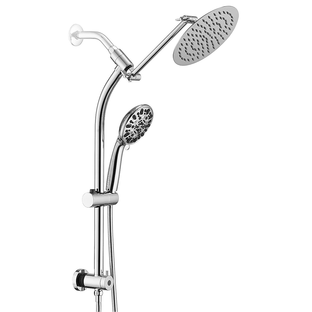 UCLIMAA Rainfall 8 Inch Round Shower Head with High Pressure Handheld Spray Combo, Drill-Free Slide Bar with Adjustable Shower Extension Arm, 3-Way Low Diverter for Easy Reach, 5Ft Hose- Chrome