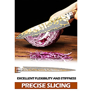 YOUSUNLONG Chef Knife - 8'' Blade Japanese Handmade Copper Damascus Steel - Professional Chef's Knife - Razor Sharp Slicing Knife - Naturel Burl Wooden Handle with Leather and Acacia Wood Box