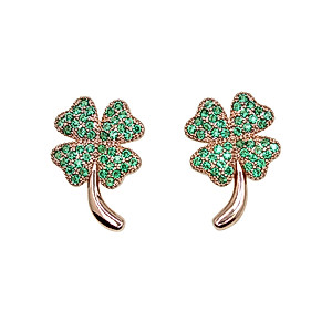 Faship Green Cubic Zirconia CZ Crystal Shamrock Clover 4 Leaf Stud Earrings - Green/Rose Gold Plated