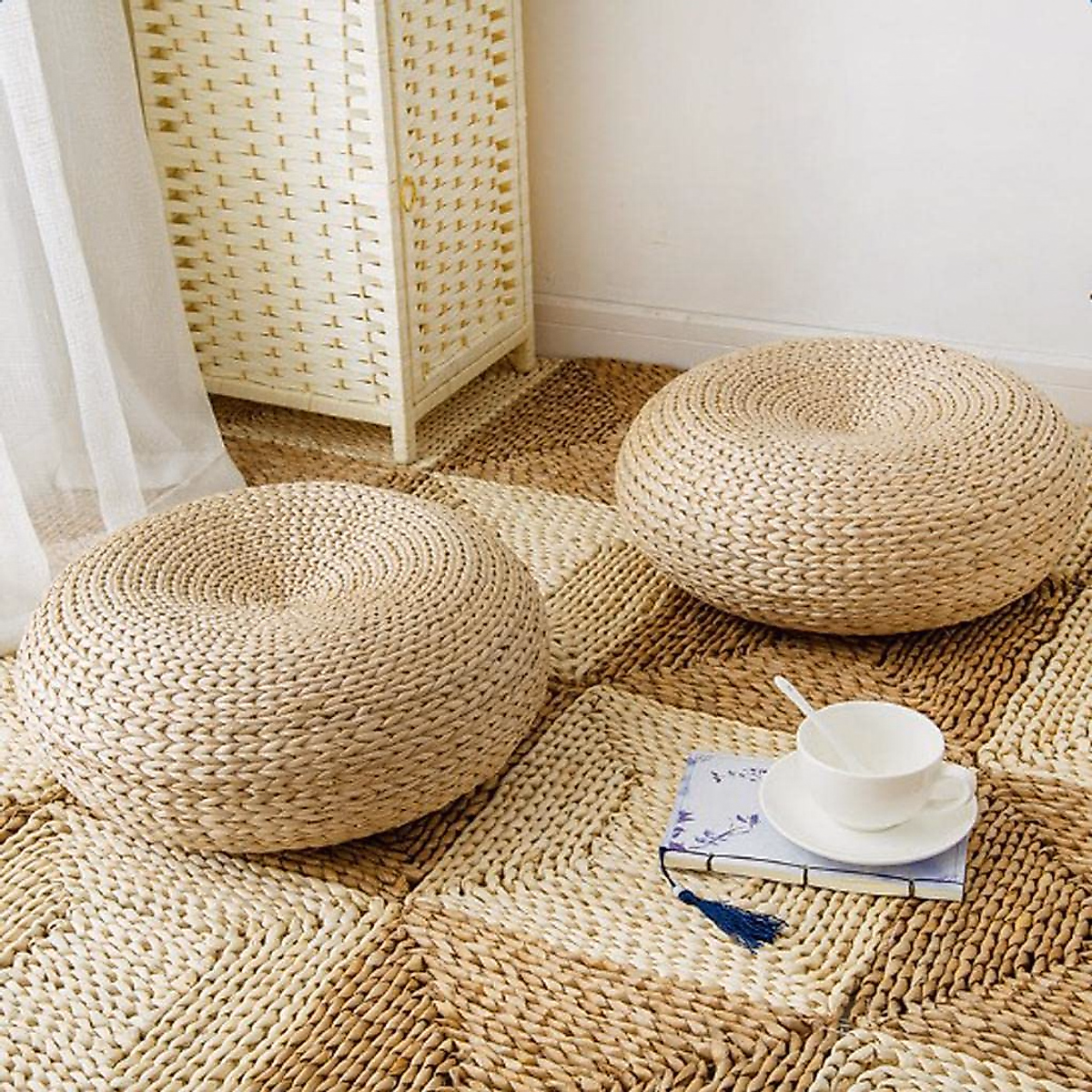 Knitted Straw Flat Seat Cushion, 15.7inch Round Pouf Tatami Cushion Floor