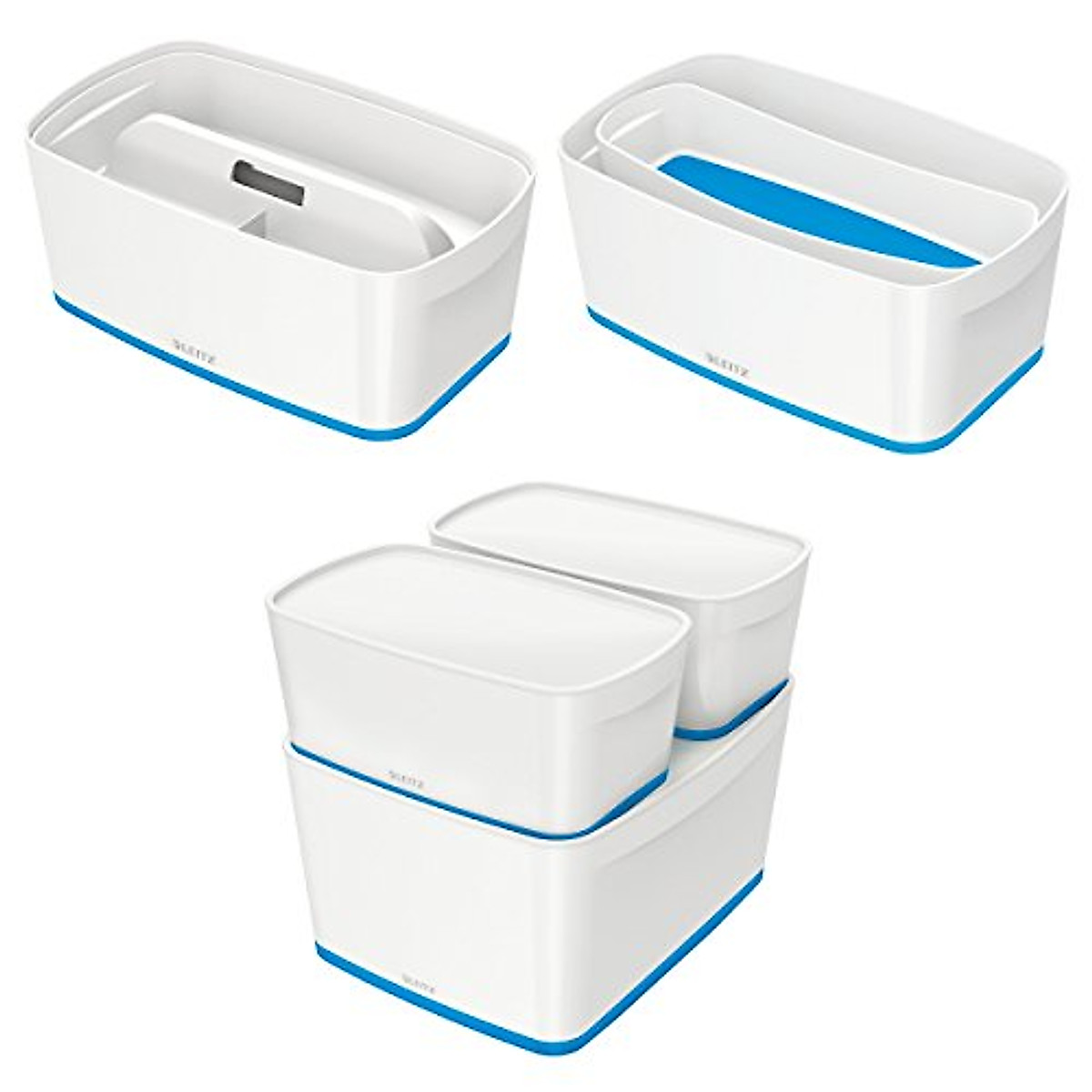 Leitz A5 MyBox Small with Lid, Storage Box for Home and Office, 5 L, High Gloss, Plastic, White/Blue Metallic;MyBox