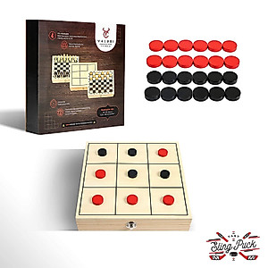 LARGE 4 in 1 Chess Board Set, Sling Puck Game, Checkers, Tic Tac Toe - Wooden Hockey, Table Games for Family Games, Kids, Adults - 59 pc. Set Super Board Games Fast Sling Hockey Table Game