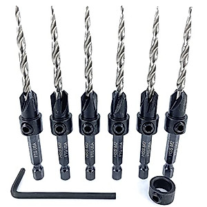 FTG USA Countersink Drill Bit Set 6 Pc #8 (11/64") Wood Countersink Drill Bit Pro Pack Countersink Set, with 3 Replacement Tapered Countersink Bits #8 (11/64"), 1 Stop Collar, 2 Hex Wrench