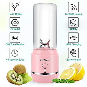 iOCSmart Portable Personal Size Blender, USB Rechargeable Mini Juicer Blender for Smoothies and Shakes with 2 Juice Cup Portable on the go Travel Sports Kitchen (Pink)