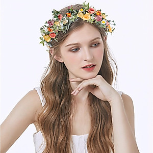 Love Sweety Greenery Flower Headband BOHO Leaf Hair Wreath Bridal Wedding Headpiece Maternity Floral Crown(White Pink Orange)