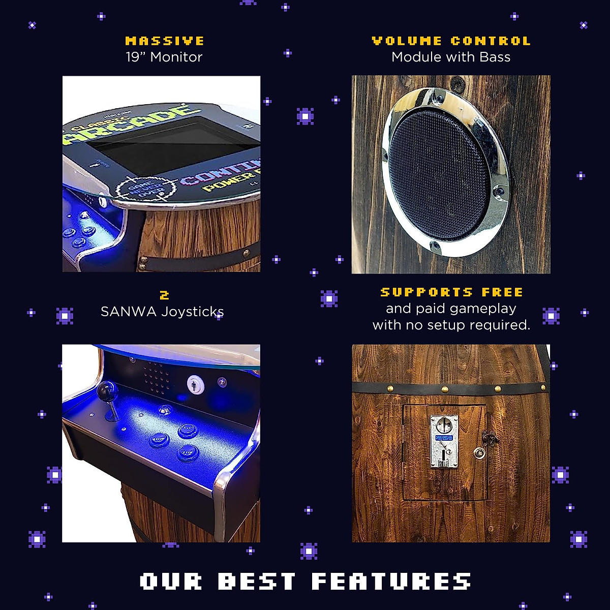 Creative Arcades Full Size Commercial Grade Wine Barrel Style Pub Arcade Machine | 2 Player | 412 Games | 19" LCD Screen | Round Glass Top | 2 Sanwa Joysticks | 2 Stools Included | 3 Year Warranty